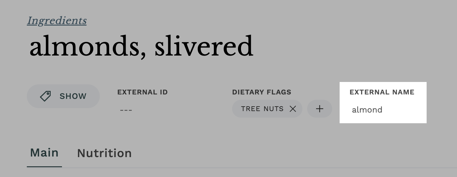 What is an Ingredient's 'External Name' and how is it used?