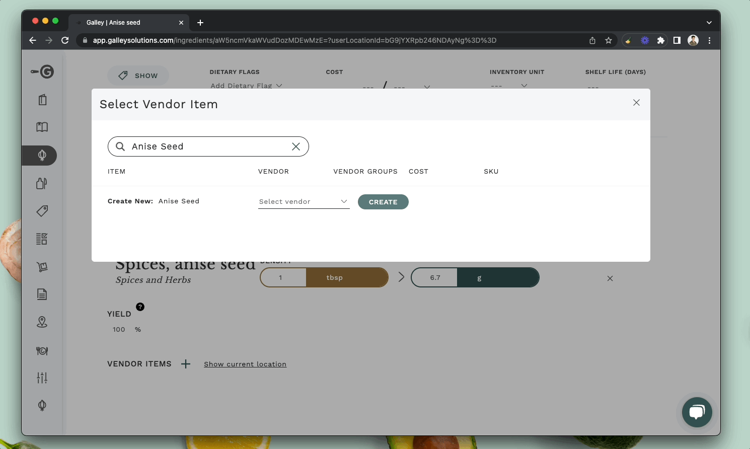 How do I create a new vendor item directly from an ingredient page?